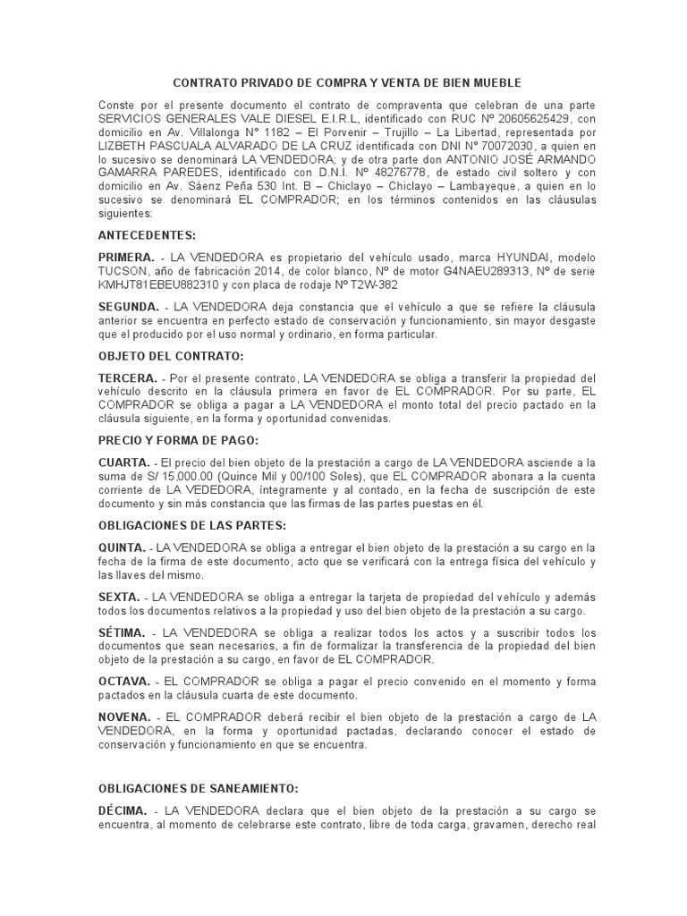 CONTRATO PRIVADO DE COMPRA Y VENTA DE BIEN MUEBLEdocx | PDF | Derecho privado | Derecho civil ...