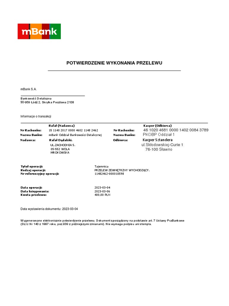 Potwierdzenie Bankowe Mbank | PDF
