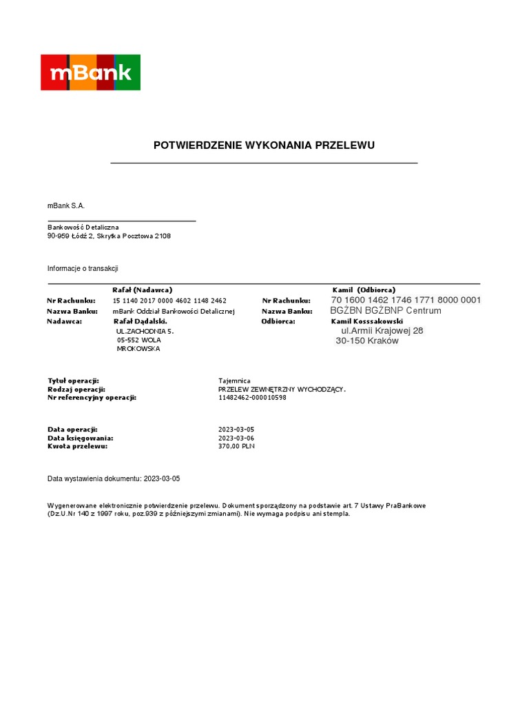 Potwierdzenie Bankowe Mbank PDF | PDF