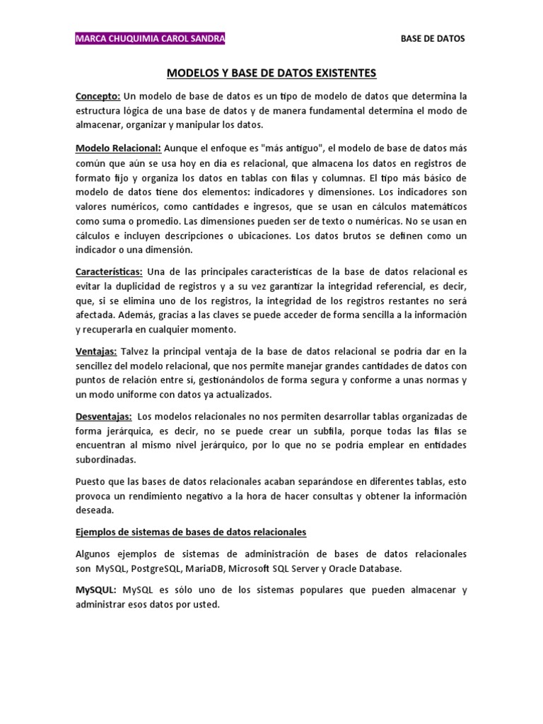 Un análisis comparativo de los principales modelos y características de las bases de datos | PDF ...