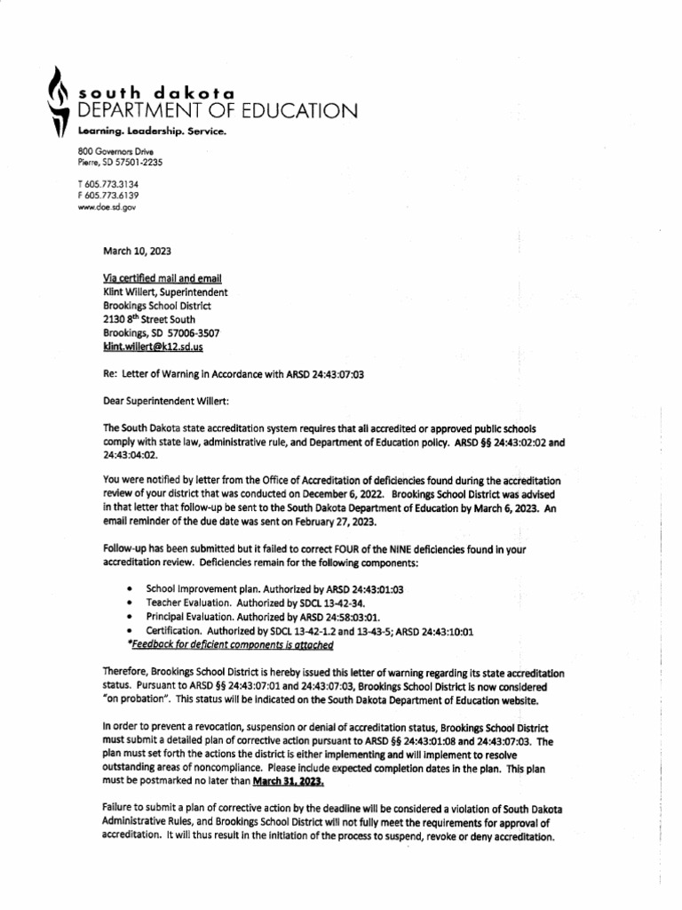 BSD Letter - Accreditation Failure | PDF