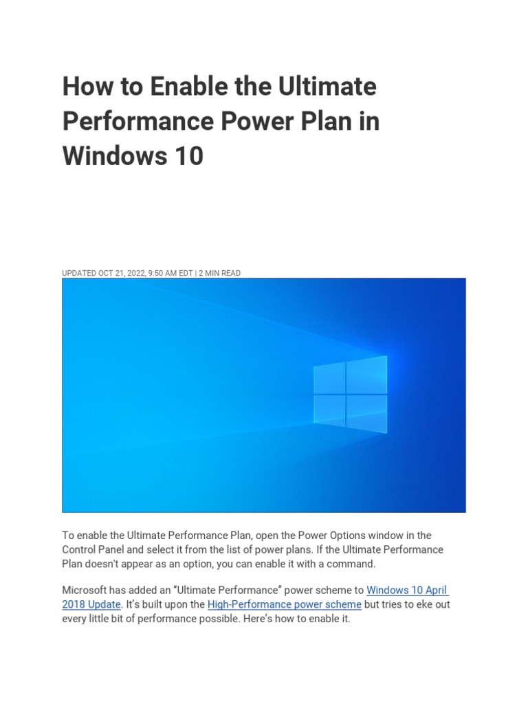 How To Enable The Ultimate Performance Power Plan in Windows 10 | PDF ...