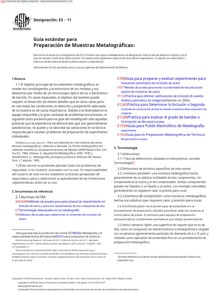 ASTM E3 - 11 - Standard Guide For Preparation of Metallographic Specimens (1) .En - Es | PDF ...