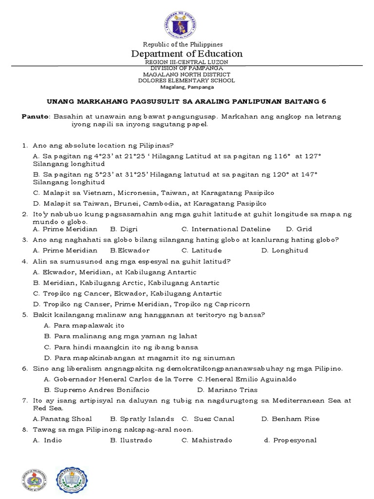 1st Quarter Test in AR - PAN 6 | PDF