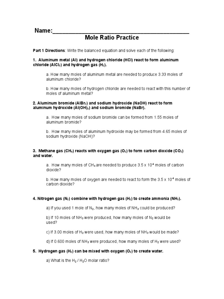 Mole Ratio Practice Problems Worksheet | PDF | Ammonia | Hydroxide