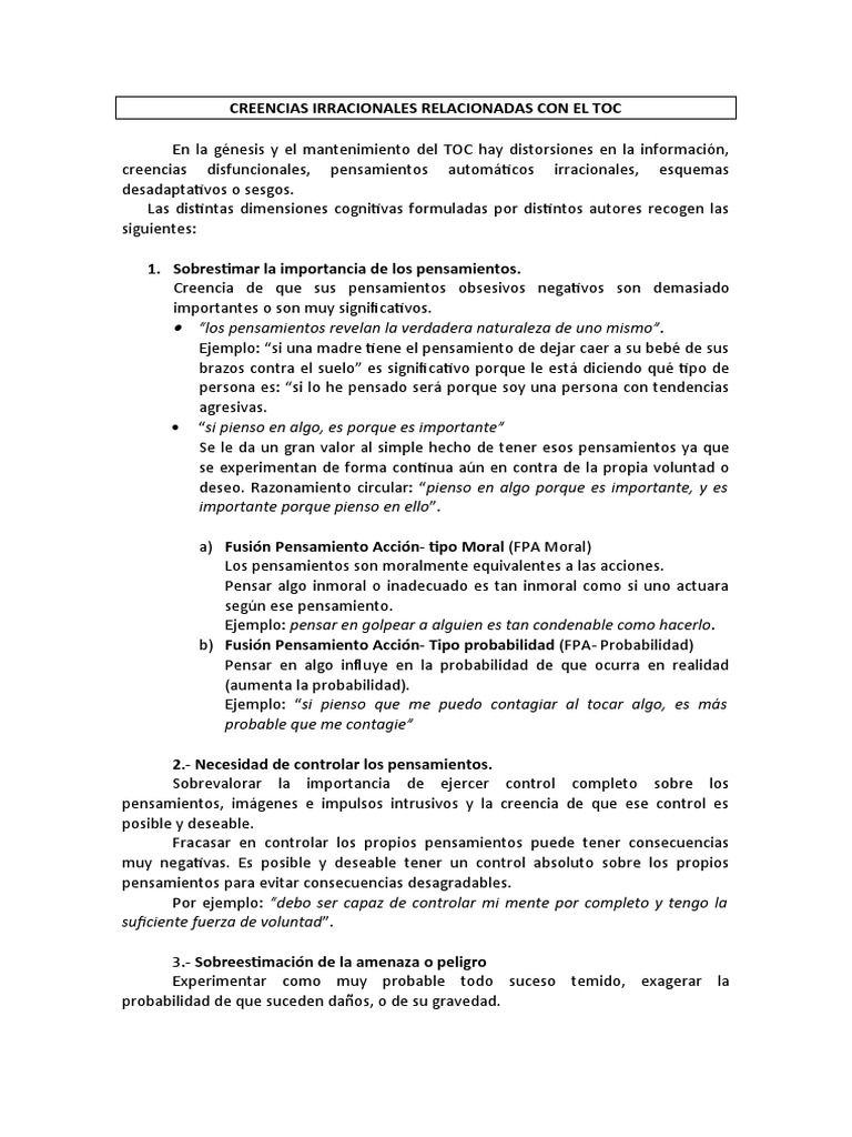 Creencias Irracionales Relacionadas Con El Toc | PDF | Pensamiento | Desorden obsesivo compulsivo