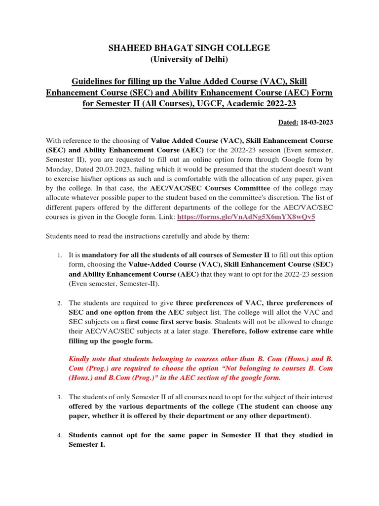 Fill VAC, SEC, AEC Form by 20th March | PDF