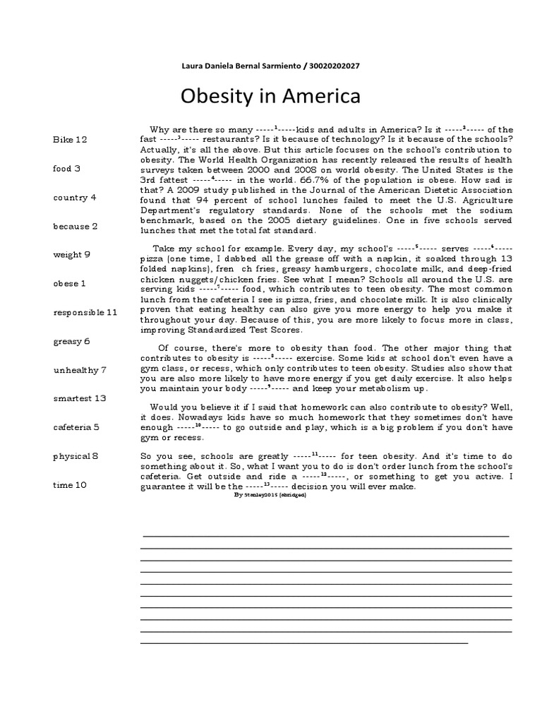 Obesity Reading Comprehension | PDF | Obesity | Nutrition