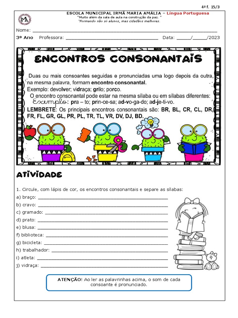 Encontros Consonantais e Dígrafos: Atividades 3º Ano | PDF | Famílias linguísticas | Escrita