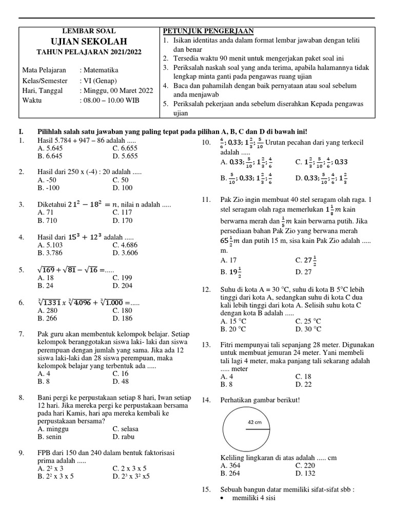 Soal US MTK Kelas 6 | PDF