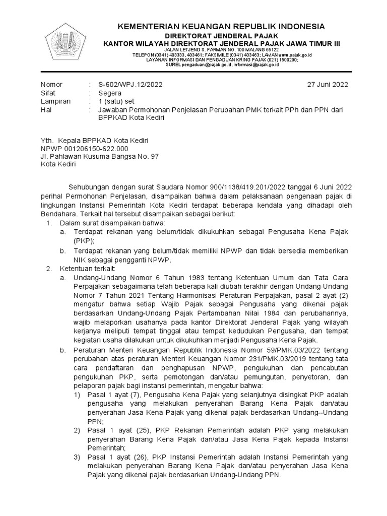 Jawaban Surat Penegasan Kepala Bppkad Kota Kediri WP Yg Tidak Bernpwp ... Jawaban Surat Penegasan Kepala Bppkad Kota Kediri WP Yg Tidak Bernpwp ...