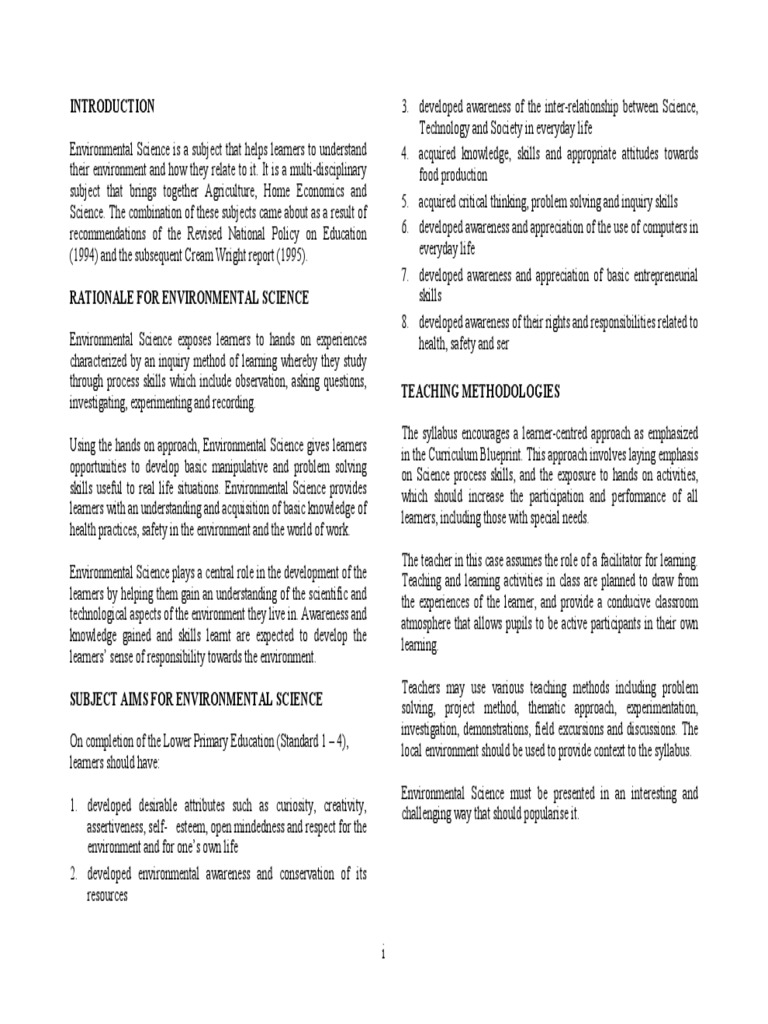 Lower Primary Environmental Science Syllabus | PDF | Learning | Science