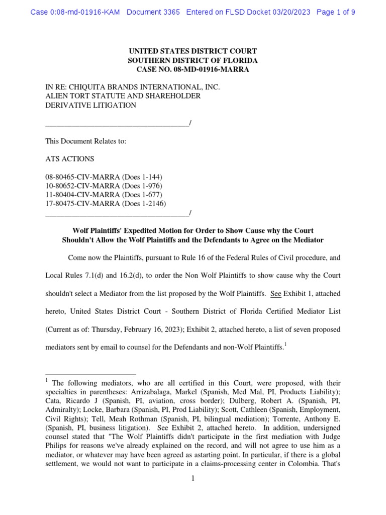 Chiquita Plaintiffs Motion For Miscellaneous Relief | PDF | Mediation ...