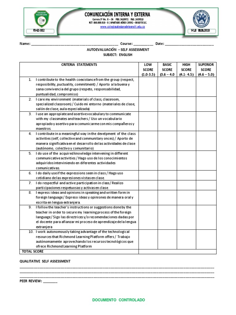 Self Evaluation Rubric | PDF