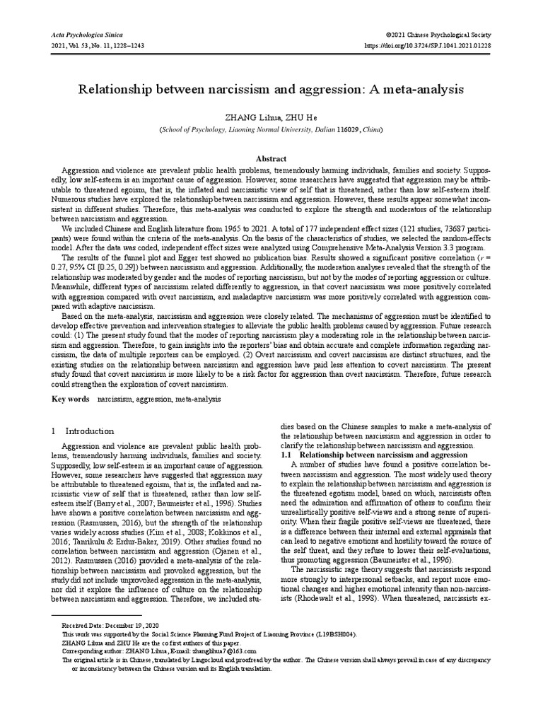 Relationship Between Narcissism and Aggression - A Meta-Analysis PDF | PDF | Narcissism | Aggression