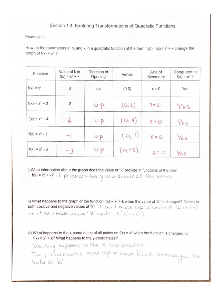 Section 1.4 Exploring Transformations of Quadratic Functions | PDF