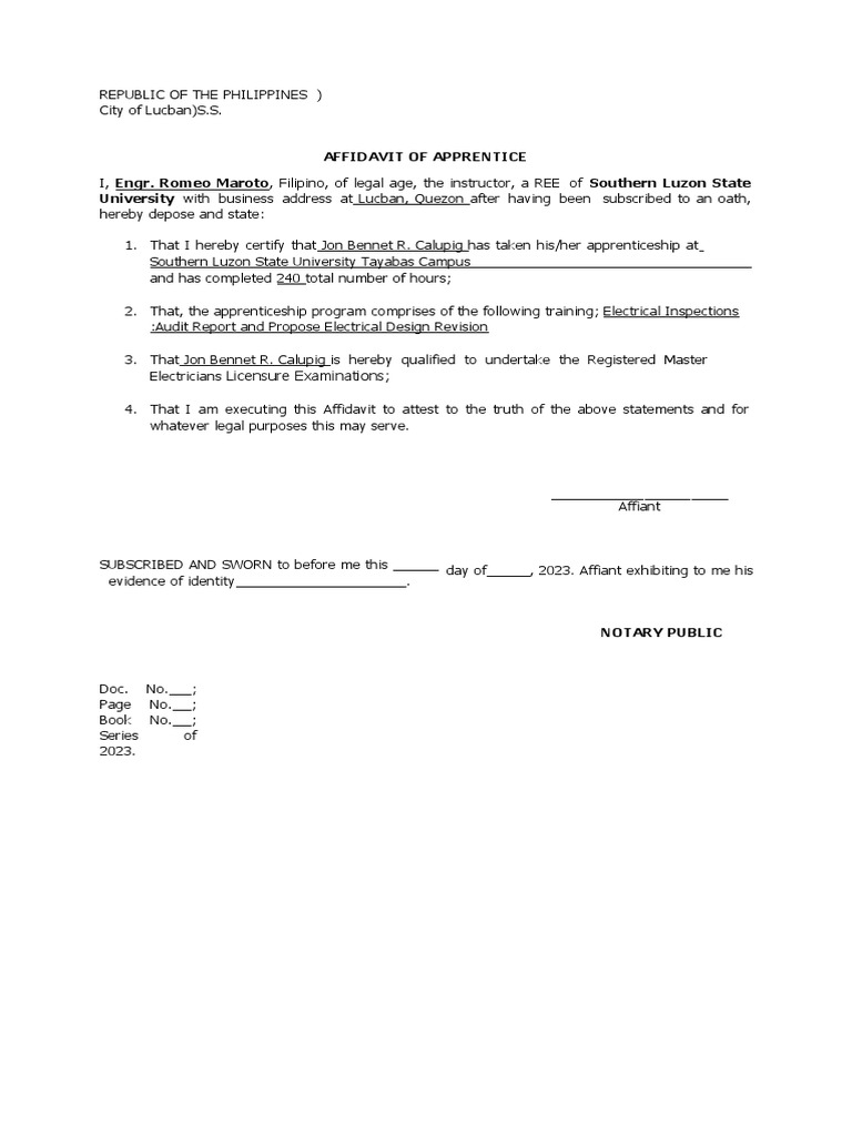 Affidavit of Apprenticeship | PDF | Finance & Money Management
