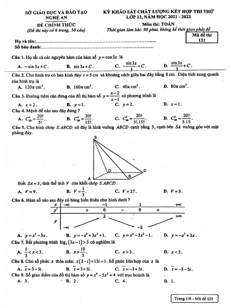 De Thi Thu Tot Nghiep THPT Nam 2022 Mon Toan So GDDT Nghe An | PDF