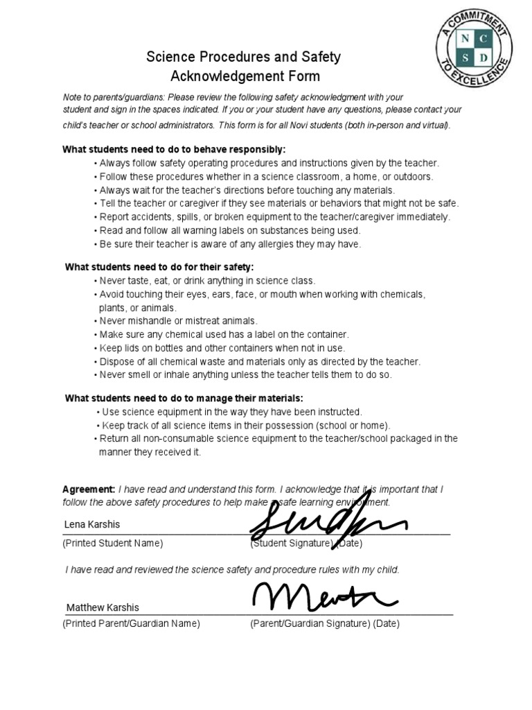 Science Safety Acknowledgment Form | PDF