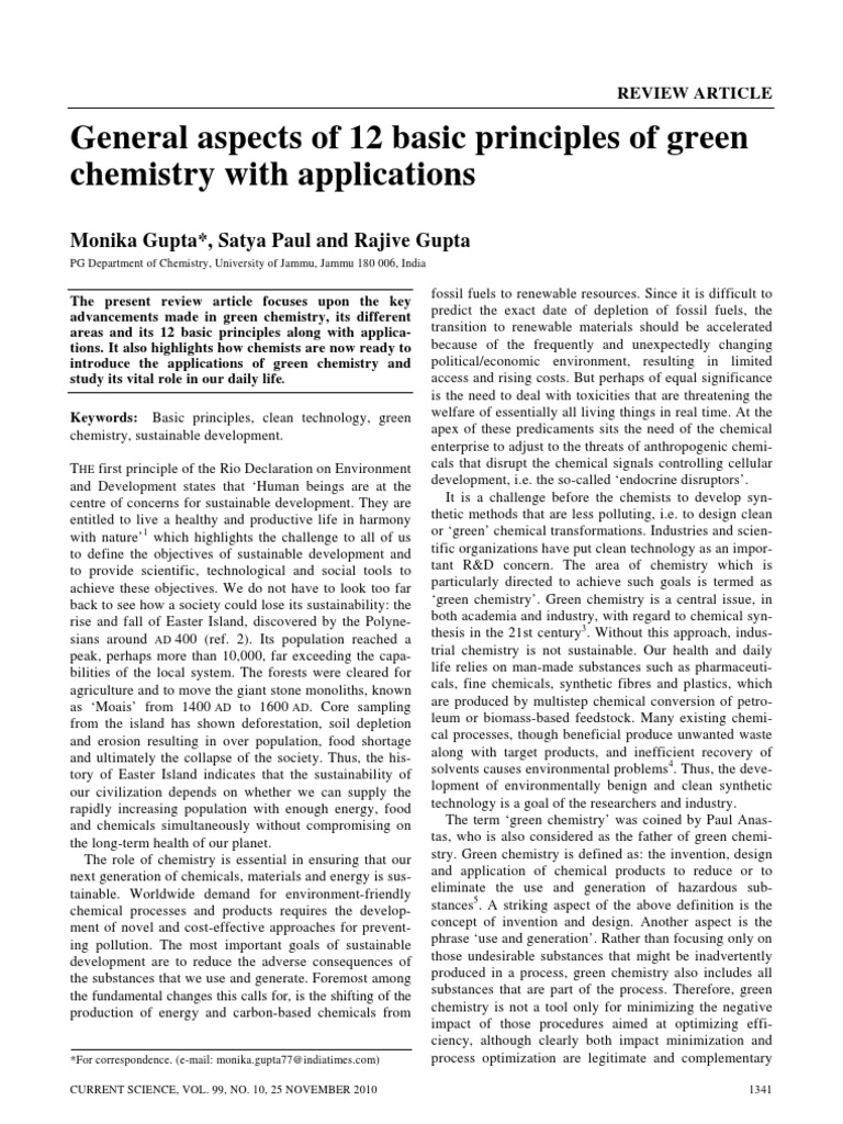 Principles and Applications of Green Chemistry | PDF | Green Chemistry ...
