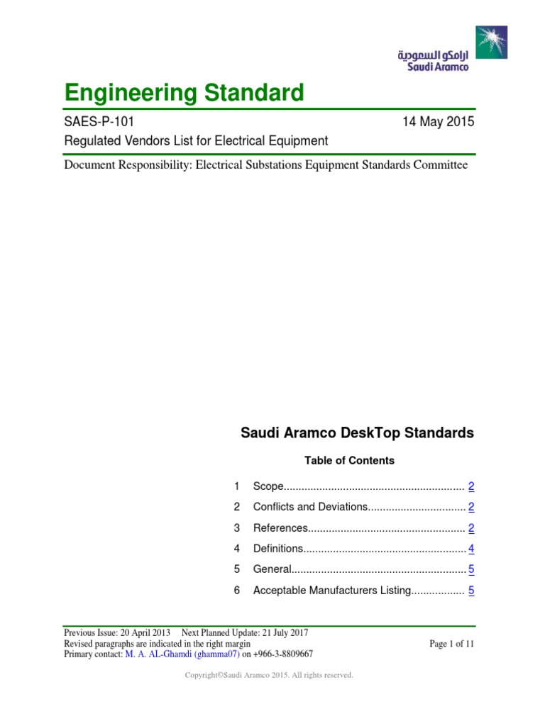 SAES-P-101 - Regulated Vendors List For Electrical Equipment PDF | PDF ...