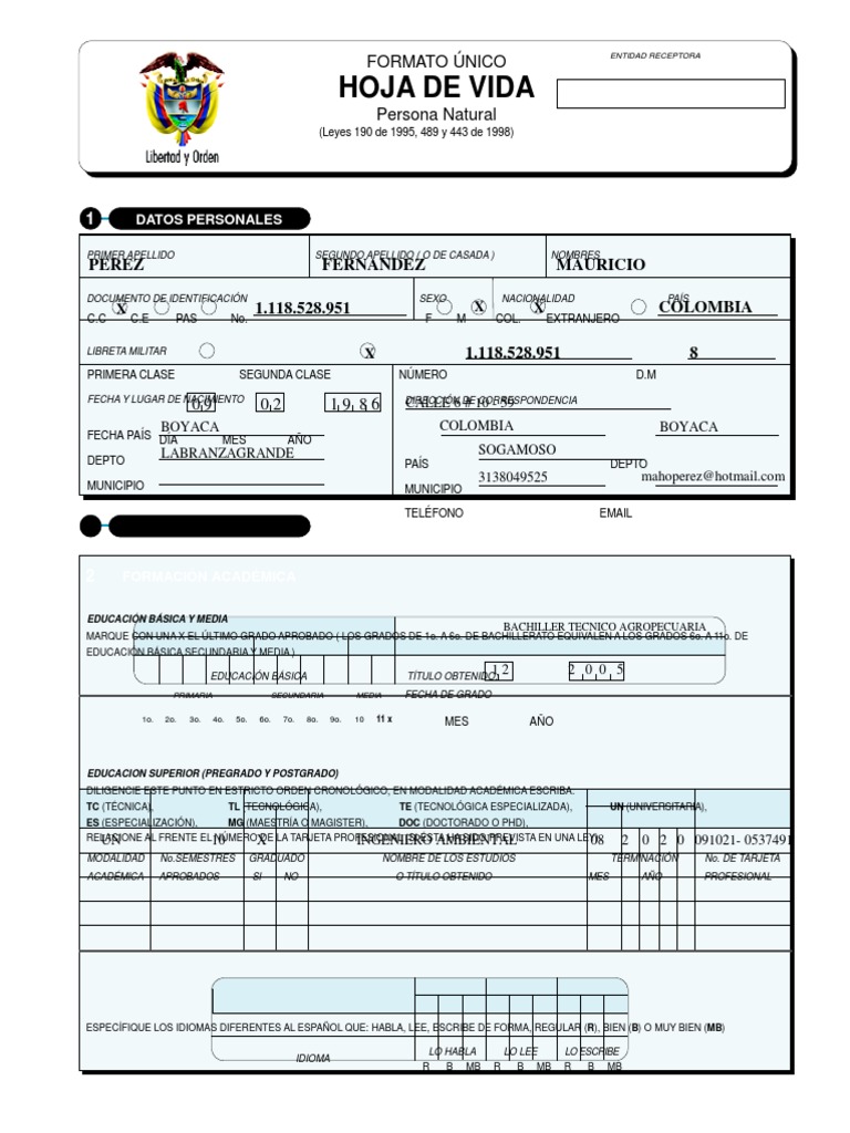 X1 Formato Unico Hoja De Vida Persona Gobierno Pdf