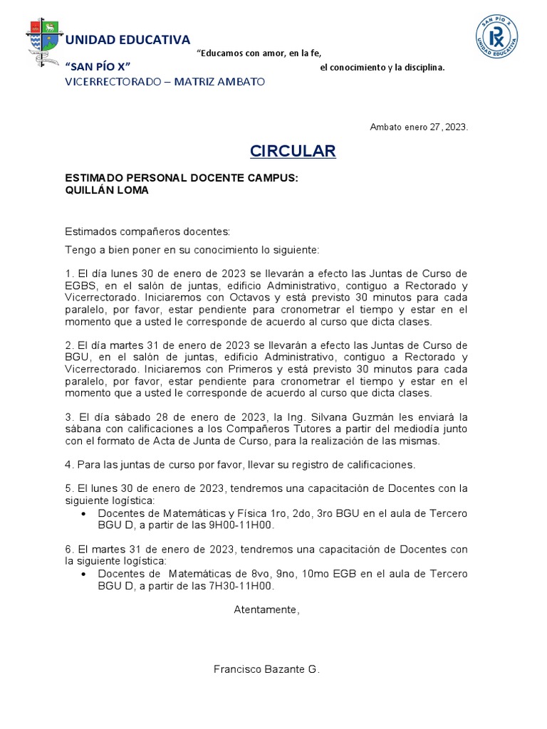 Circular: Unidad Educativa | PDF