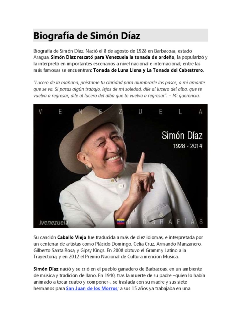 Biografía de Simón Díaz: Ícono Venezolano | PDF