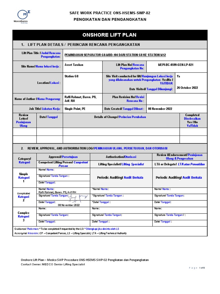 Onshore Lift Plan: Pengikatan Dan Pengangkatan | PDF