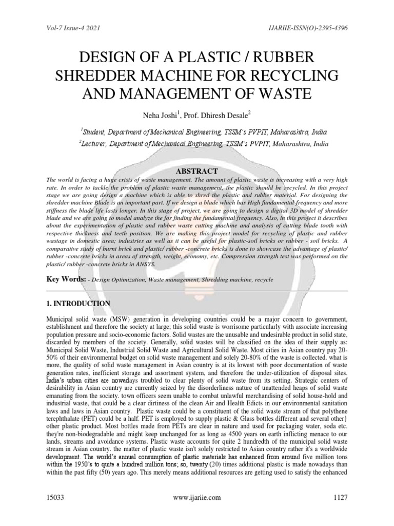 Design of A Plastic Rubber Shredder Machine For Recycling and ...