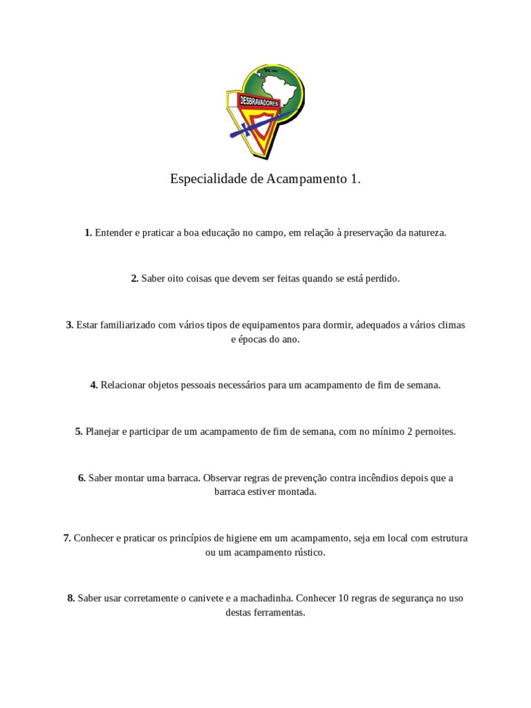 Especialidade de Acampamento 1: Práticas e Segurança | PDF