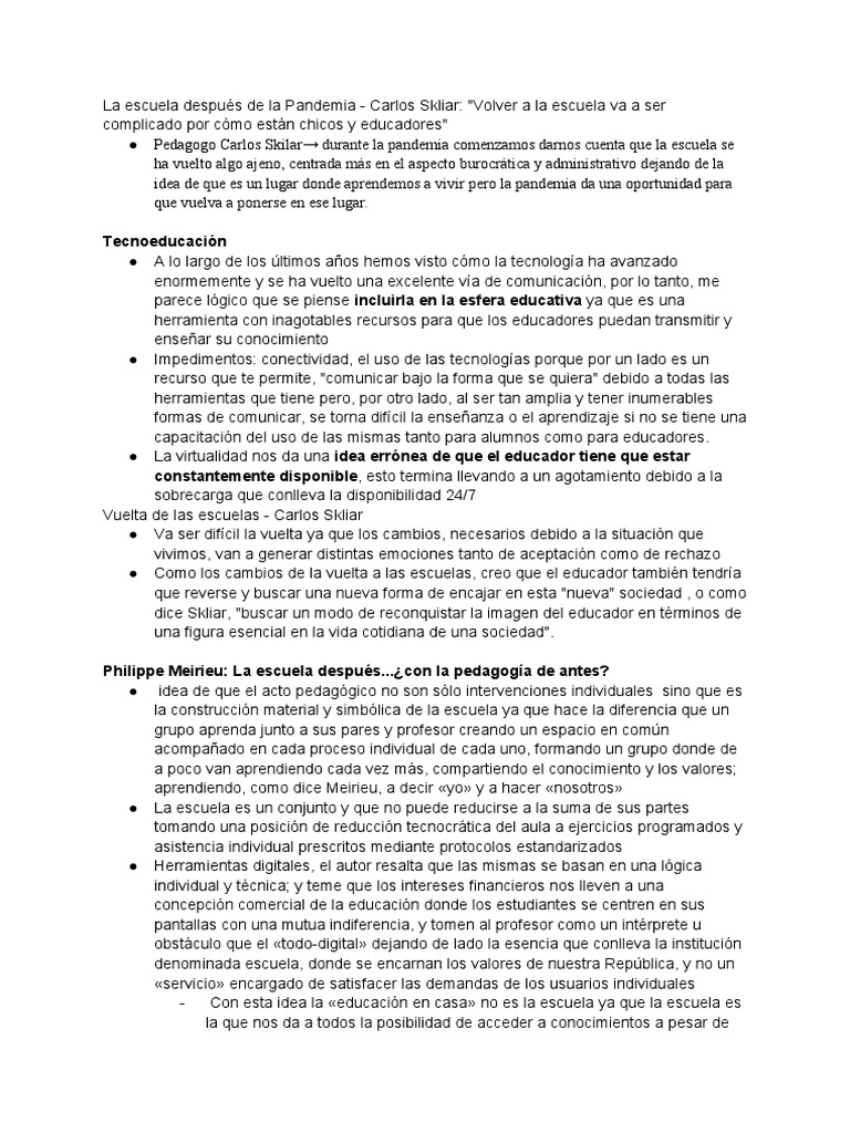 La escuela después de la Pandemia - Carlos Skliar | PDF | Enseñando ...