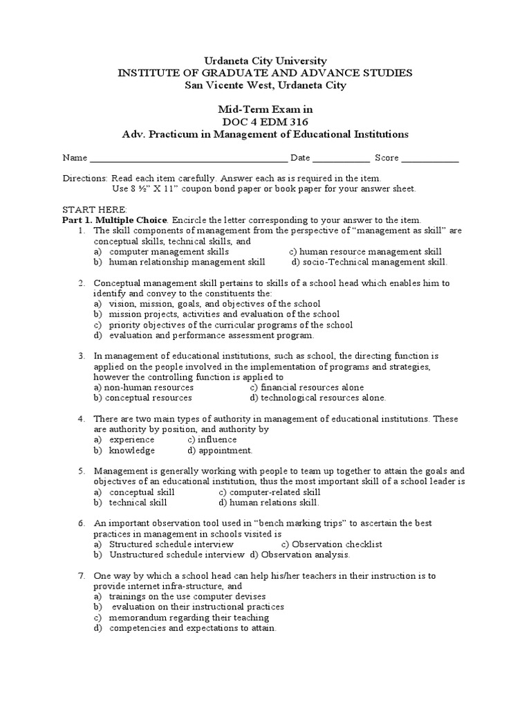Mid Term Exam in DOC4 EDM 316 Adv - Practicum in MGT of Educl Inst ...