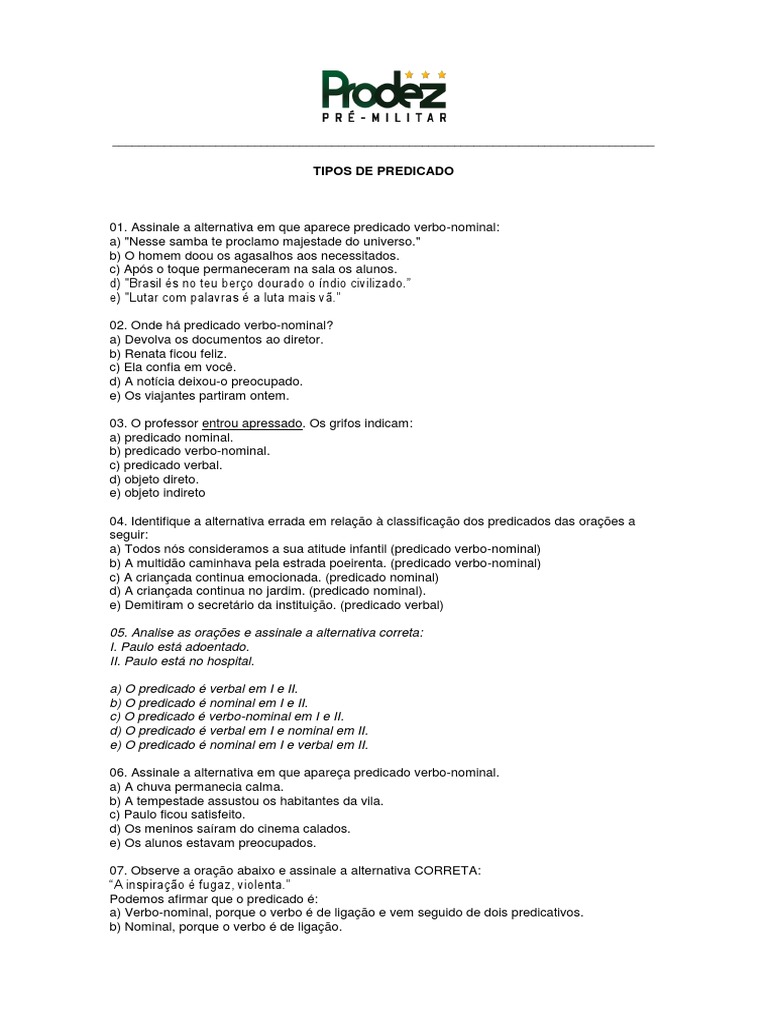 Exercícios-13-Tipos-de-predicado-1-1.pdf | PDF | Predicado (gramática) | Assunto (gramática)