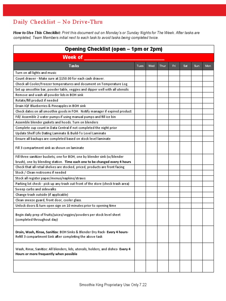 Daily Checklist No Drive Thru 7.22 | PDF | Sink | Domestic Implements
