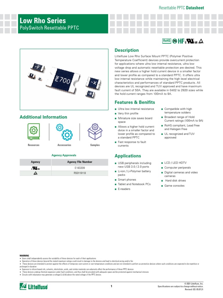 Littelfuse PTC Low Rho Datasheet PDF | PDF | Electrical Resistance And ...