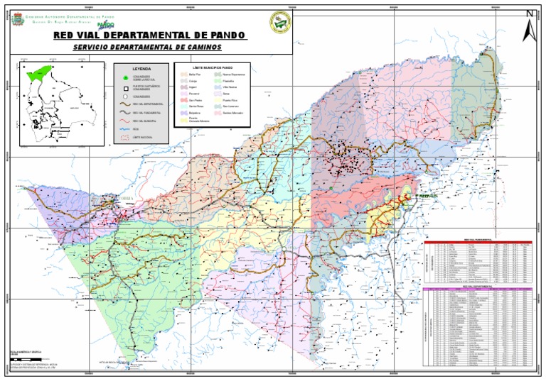 Mapa de la red vial departamental de Pando mostrando las principales ...