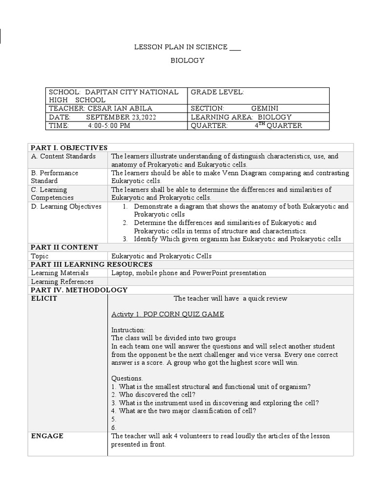 Lesson Plan in Science | PDF | Cell (Biology) | Organelle