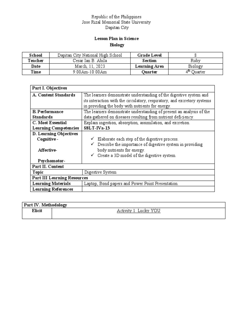 Lesson Plan in Science - Digestive System | PDF | Gastrointestinal ...