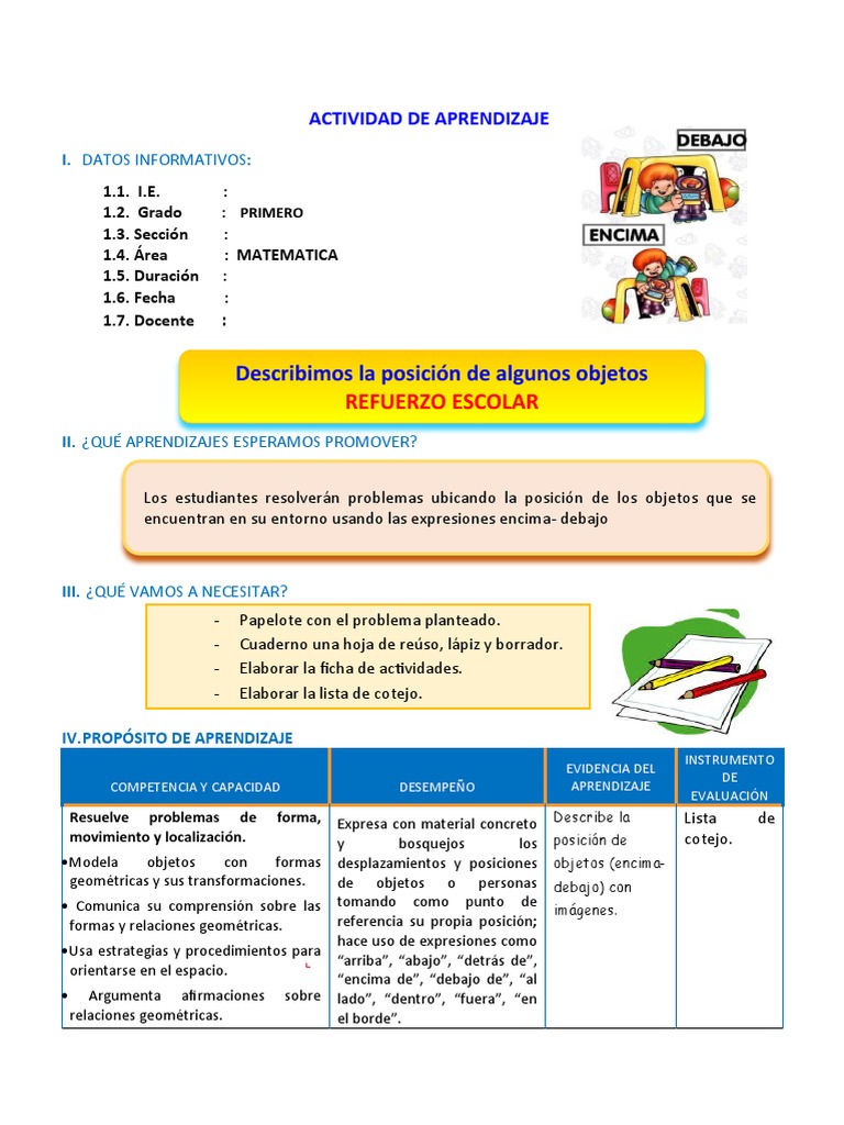 E1 A5 SESION MAT Describimos La Posición de Algunos Objetos | PDF | Evaluación | Aprendizaje