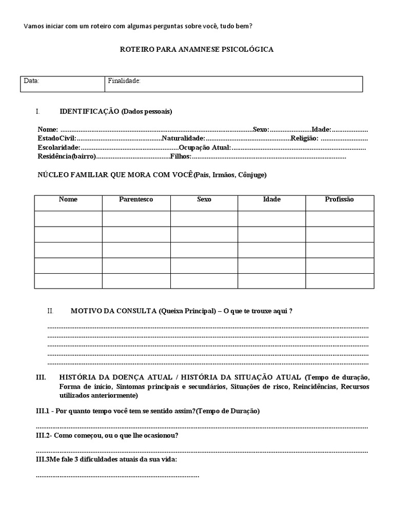 Ficha de Anamnese Psicologica (Modelo) | PDF | Medicina Clínica | Ciências comportamentais