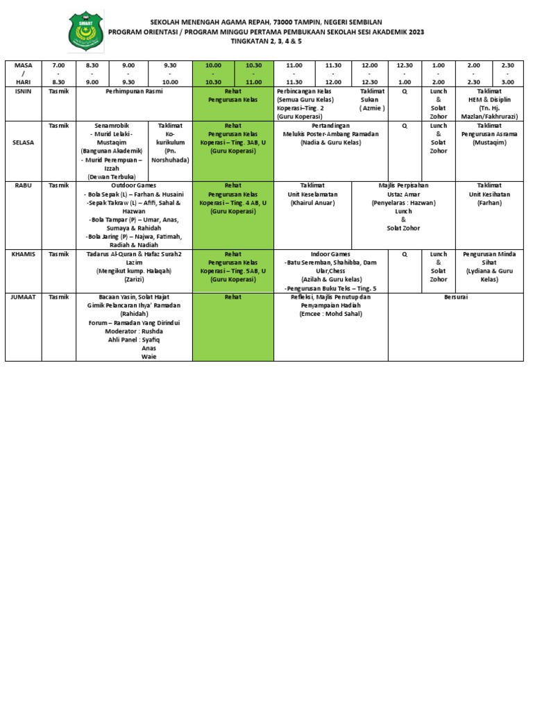 Jadual Program Ting. 2 - 5 | PDF