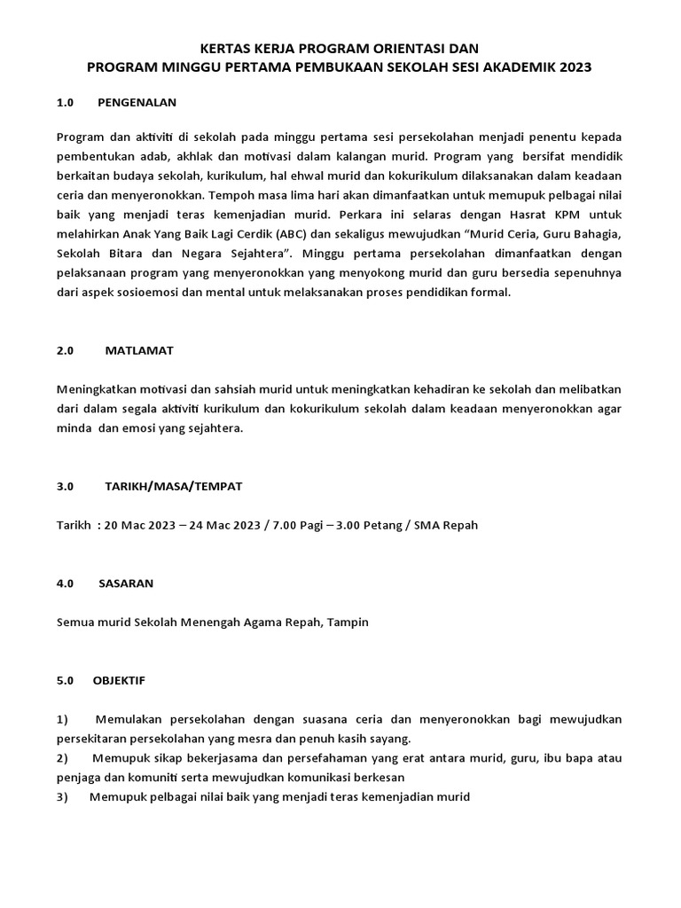 Kertas Kerja Buka Sek 2023 | PDF