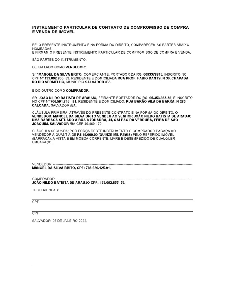 Instrumento Particular De Contrato De Compromisso De Compra E Venda De