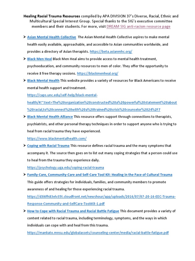 Healing Racial Trauma Resources | PDF | Mental Health | Psychotherapy Healing Racial Trauma Resources | PDF | Mental Health | Psychotherapy