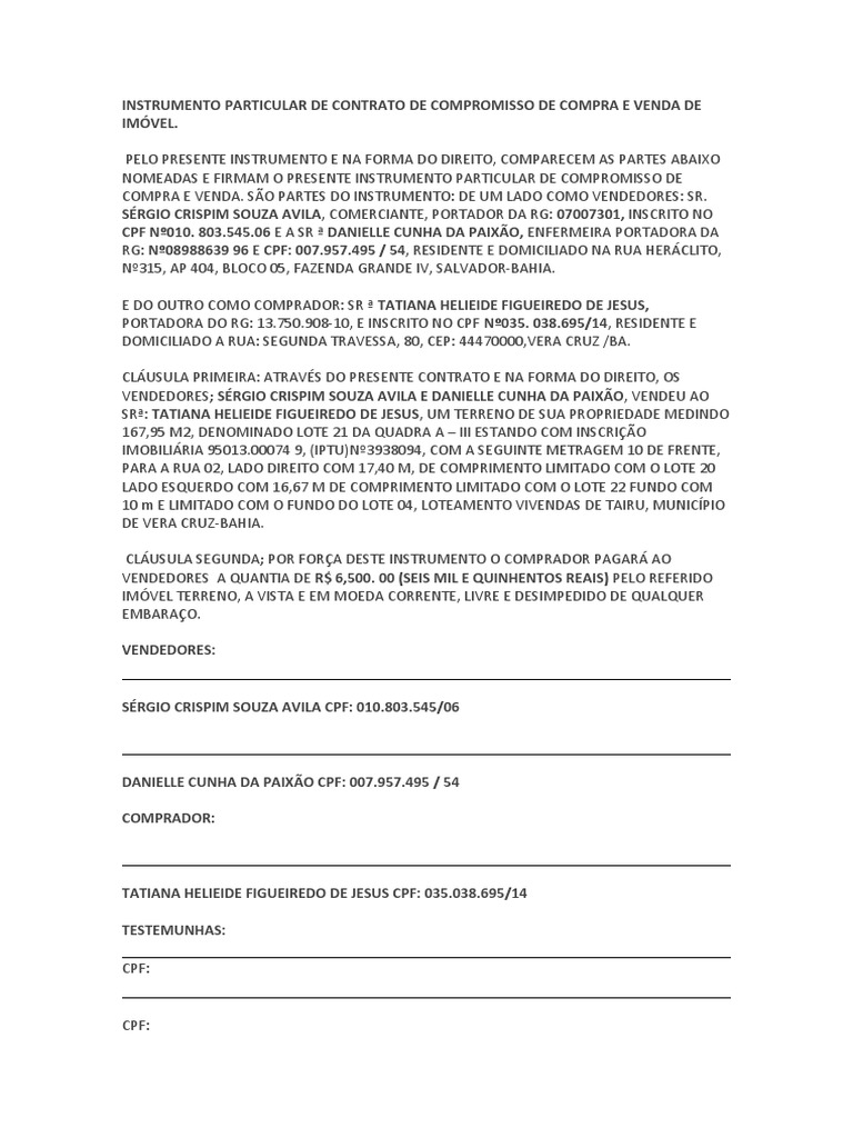 Instrumento Particular de Contrato de Compromisso de Compra e Venda de ...