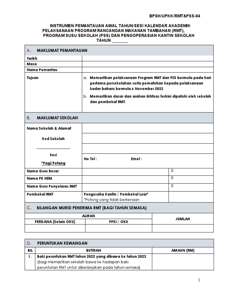 Instrumen Pemantauan Awal Tahun-Kalendar Akademik RMT PSS Kantin Revised 22 Februari 2023 | PDF