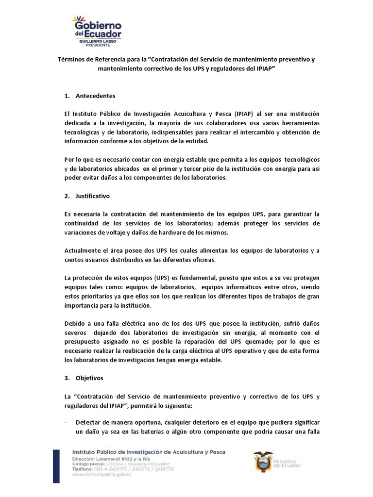 Términos de Referencia para La "Contratación Del Servicio de Mantenimiento Preventivo y ...