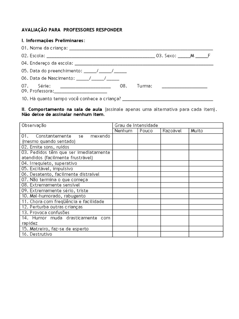Questionario para Professor - Avaliação Criança e Adolescente | PDF ...