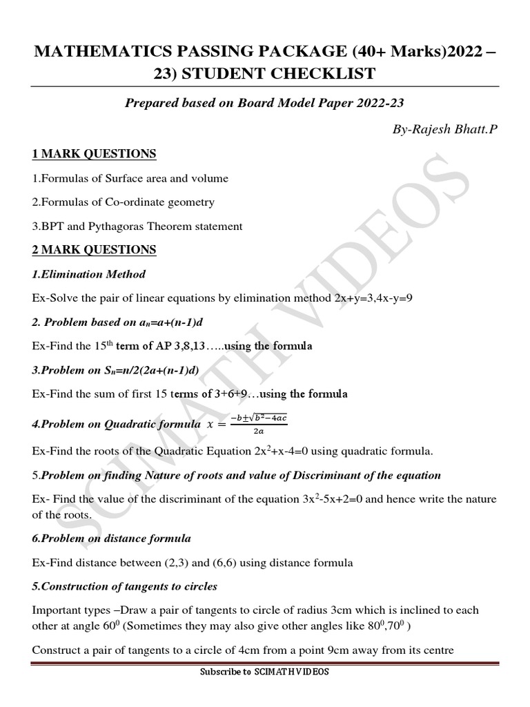 Mathematics Passing Package (40+ Marks) 2022 - 23) Student Checklist ...